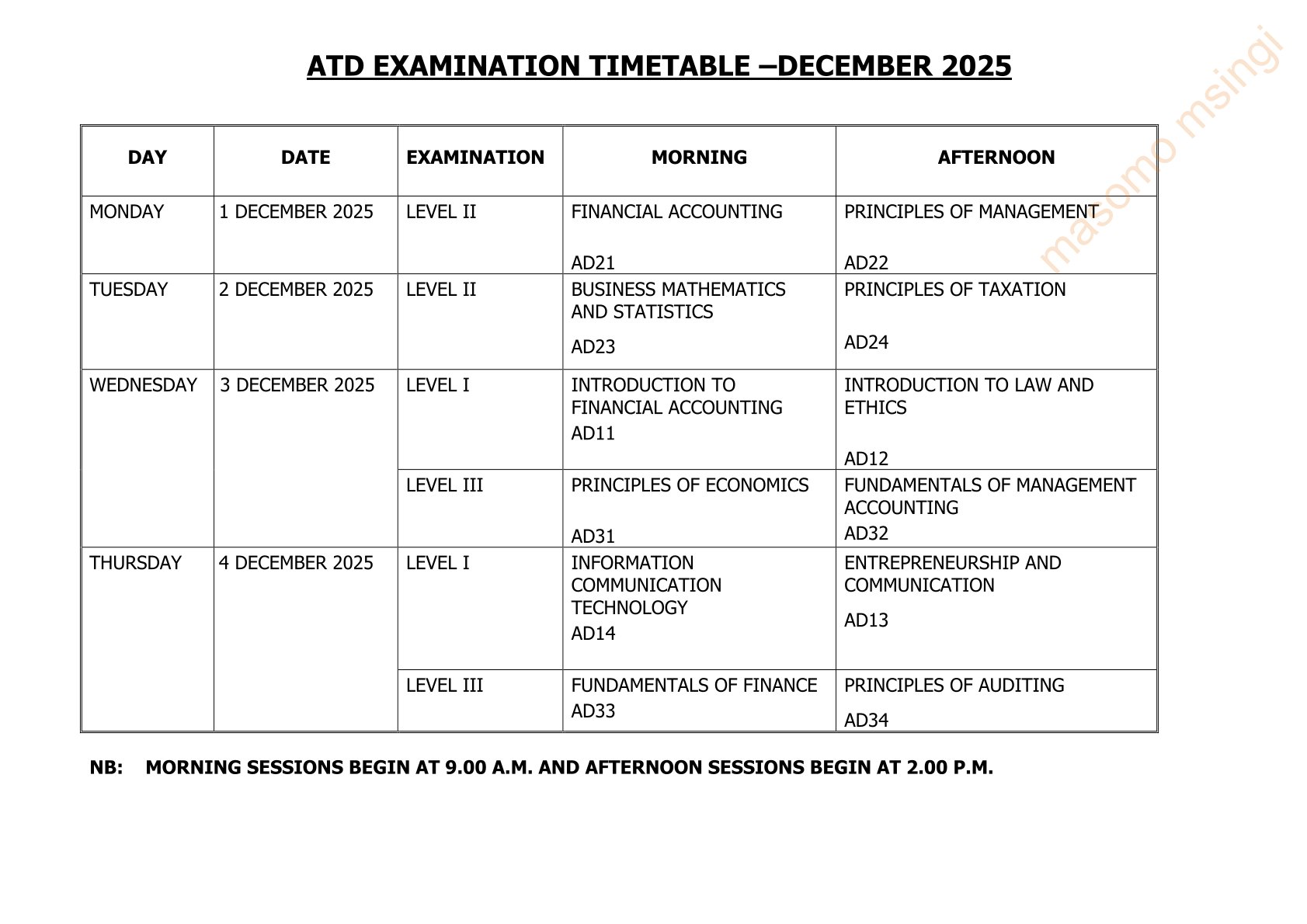 ATD EXAMINATION TIMETABLE DECEMBER 2025 – MASOMO MSINGI PUBLISHERS